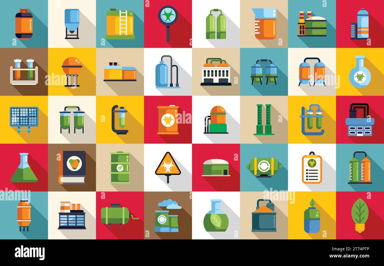 Biological station icons set flat vector. Biogas cycle. Waste energy ...