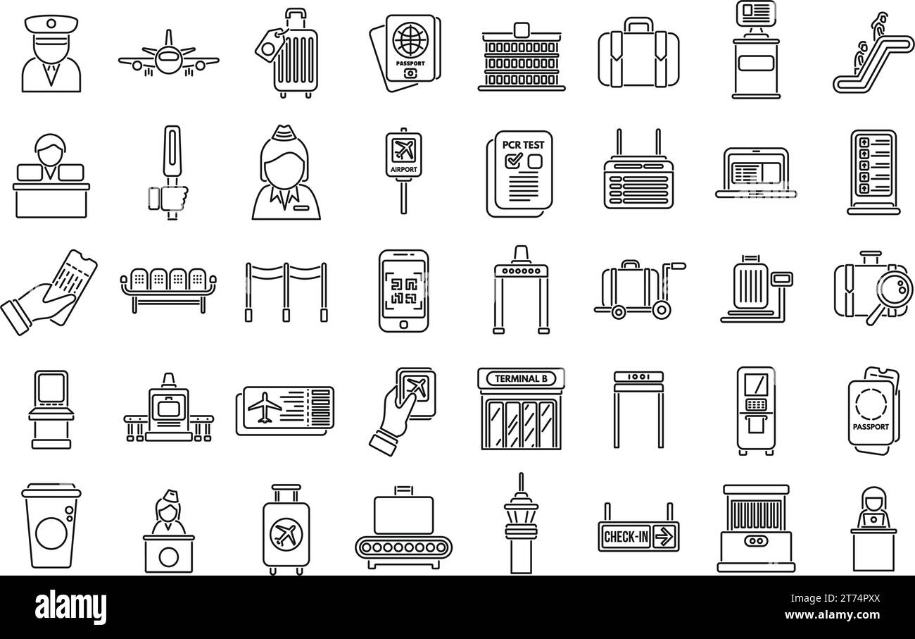 Check in airport icons set outline vector. Plane airport. People ... Check in airport icons set outline vector. Plane airport. People ...