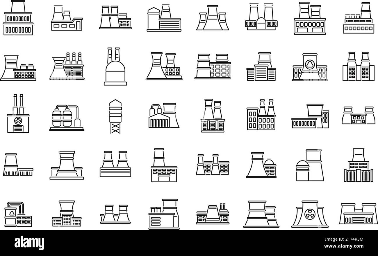 Nuclear power station icons set outline vector. Energy power. Industry tower nuclear Stock ...