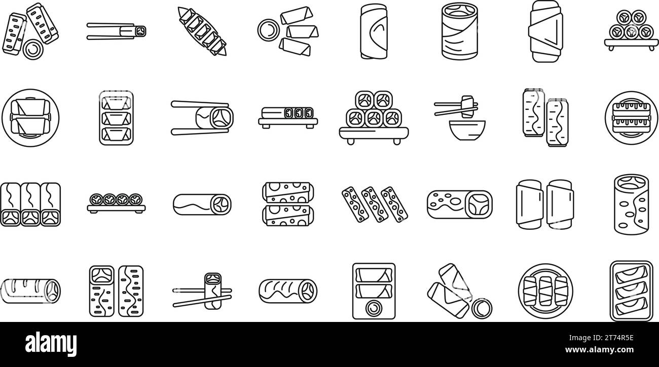 Spring roll icons set outline vector. Food asia sauce. Thai rolls cafe ...