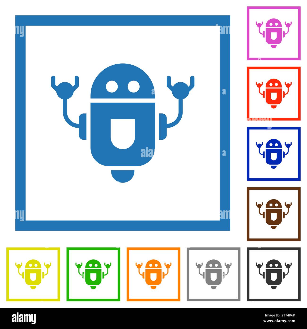 Rolling robot flat color icons in square frames on white background ...