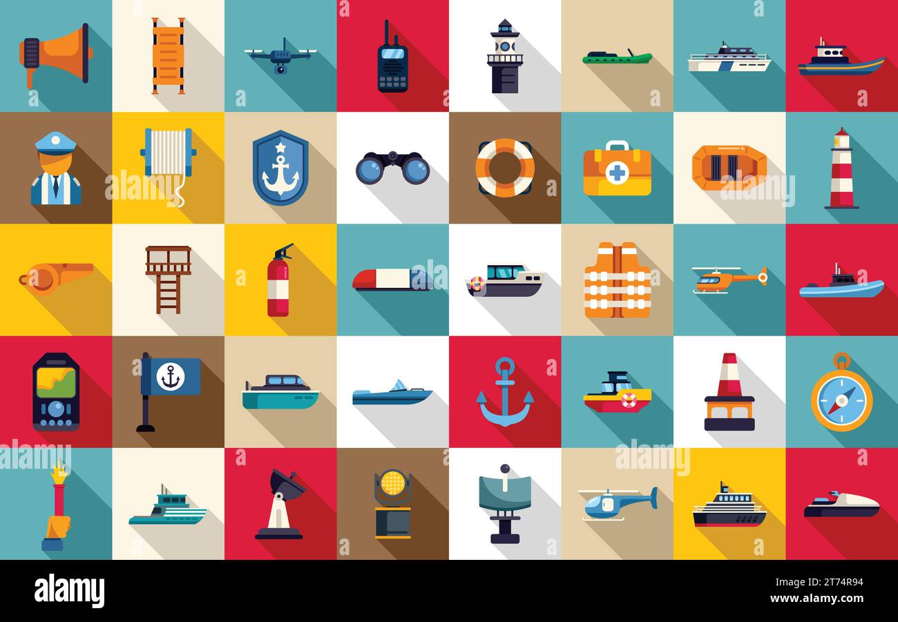 Coast guard icons set flat vector. Sea ship coast. Guard radio Stock ...