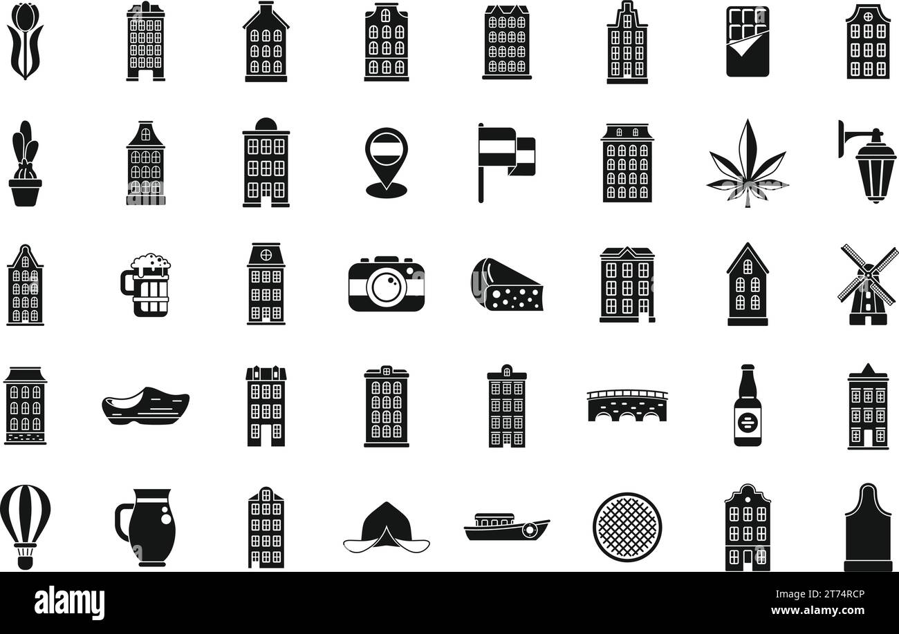 Amsterdam icons set simple vector. Europe house. Street travel city ...