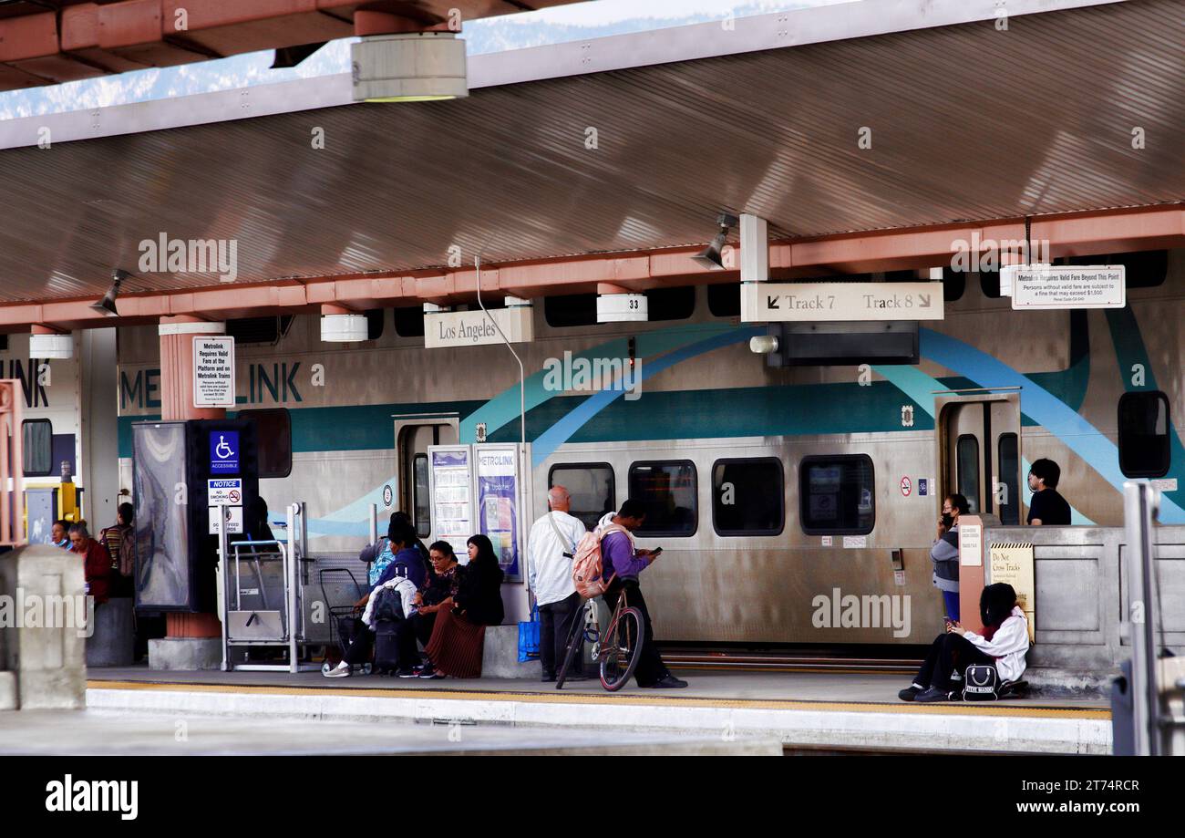 Passengers wait for a Metrolink train at Union Station in Downtown Los ...