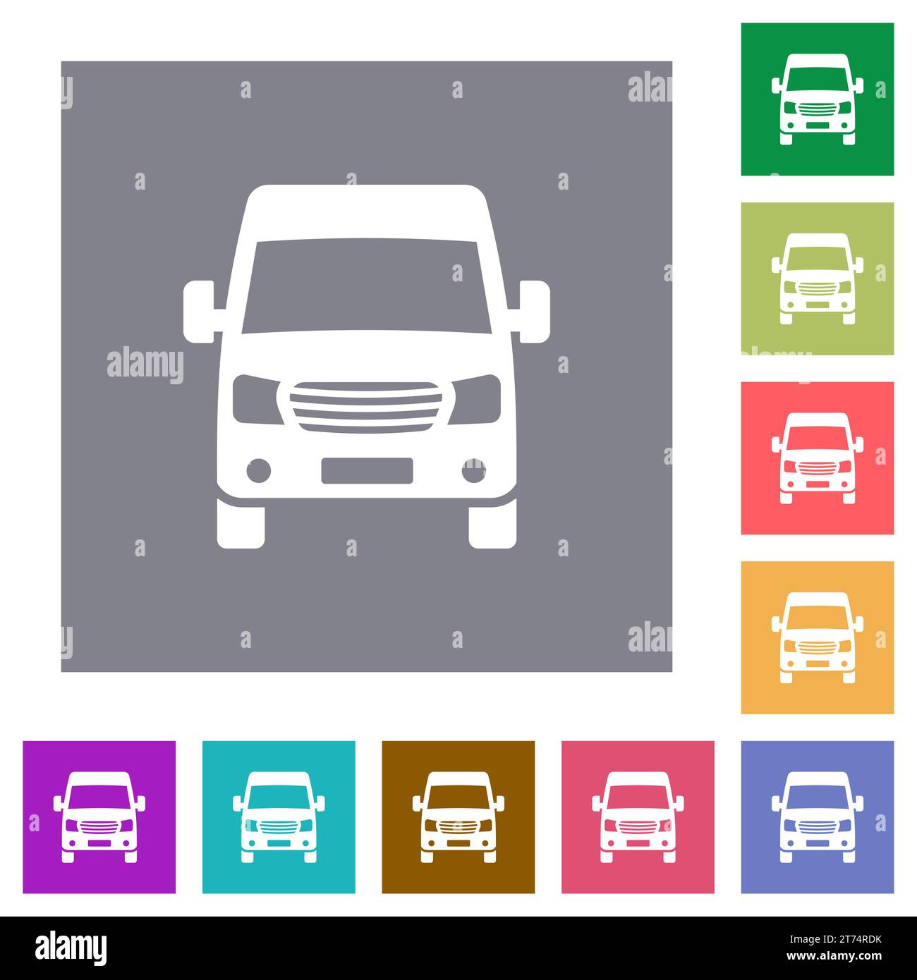 Van front view flat icons on simple color square backgrounds Stock ...
