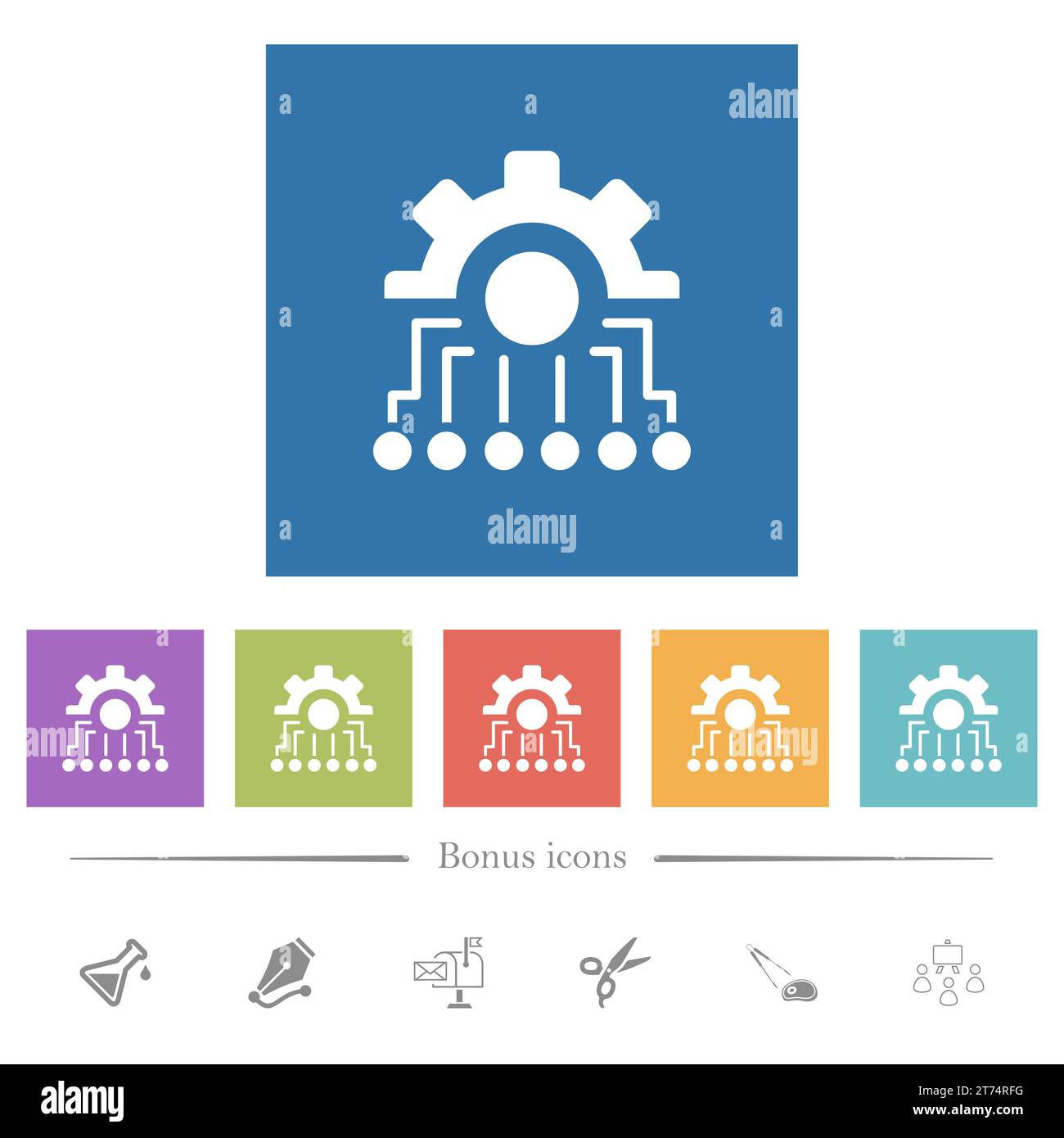 Mechatronics flat white icons in square backgrounds. 6 bonus icons ...