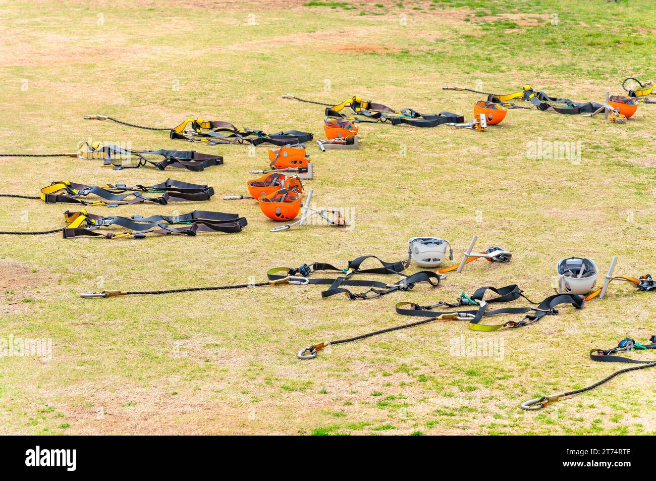 Orange colored half dome helmets arranged in a circle on yellowed lawn ...