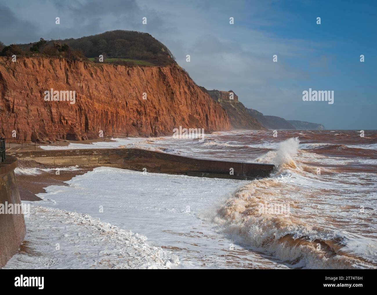 A stormy sea hitting the seafront at Sidmouth, Devon, England, UK, part ...