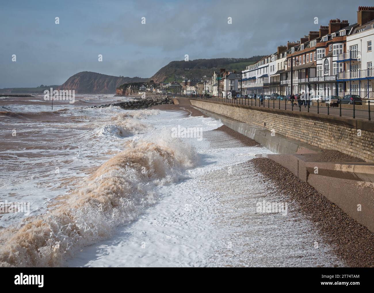 A stormy sea hitting the seafront at Sidmouth, Devon, England, UK, part ...