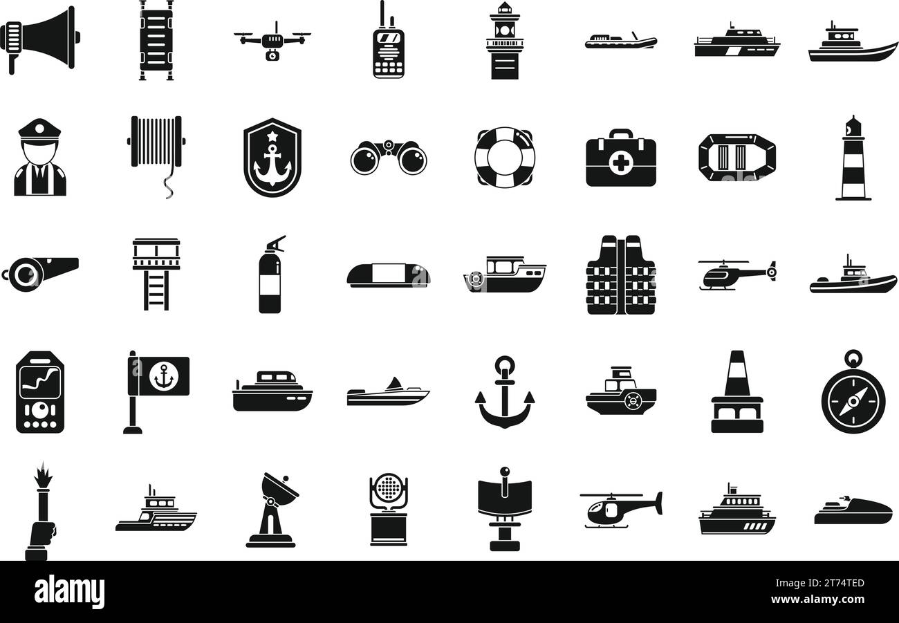 Coast guard icons set simple vector. Sea ship coast. Guard radio Stock ...