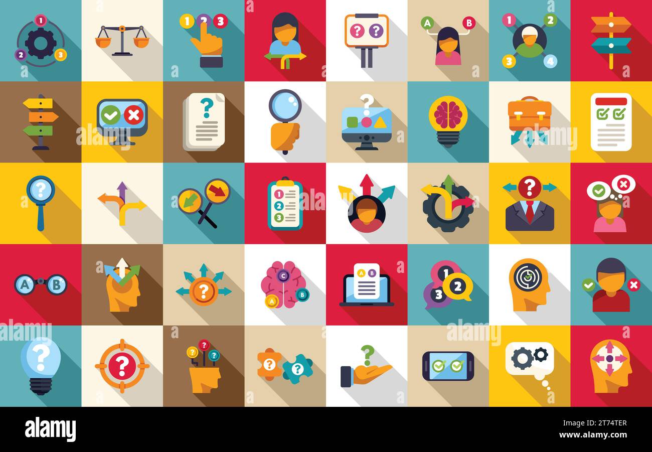 Making decisions icons set flat vector. Bias test decide. Identity ...