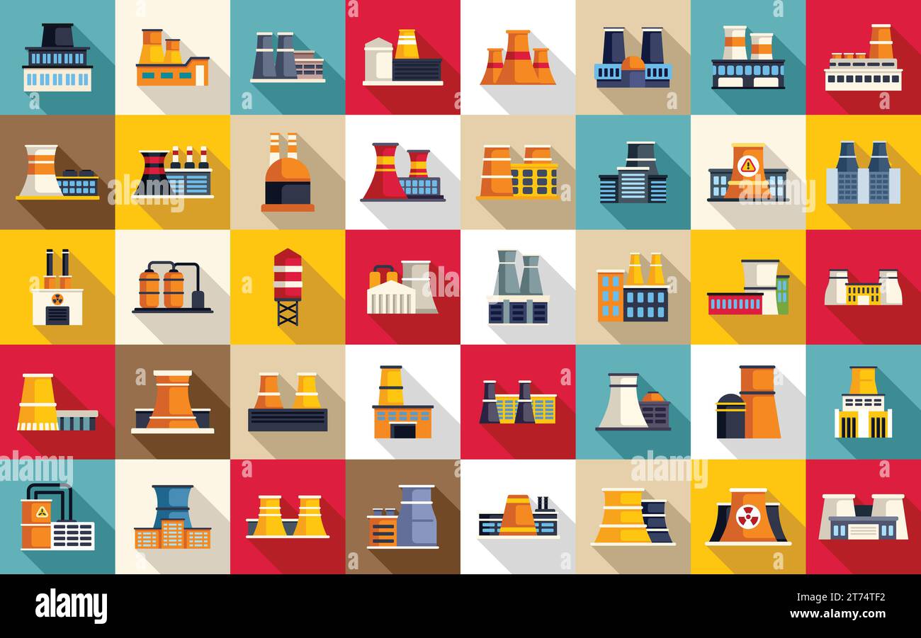 Nuclear power station icons set flat vector. Energy power. Industry tower nuclear Stock Vector ...