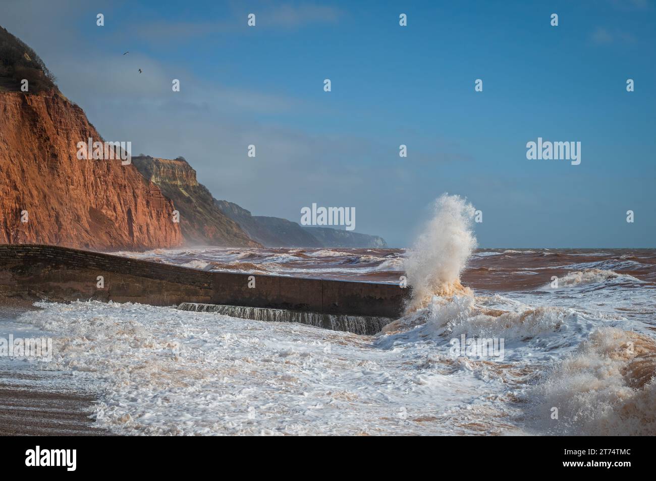A stormy sea hitting the seafront at Sidmouth, Devon, England, UK, part ...