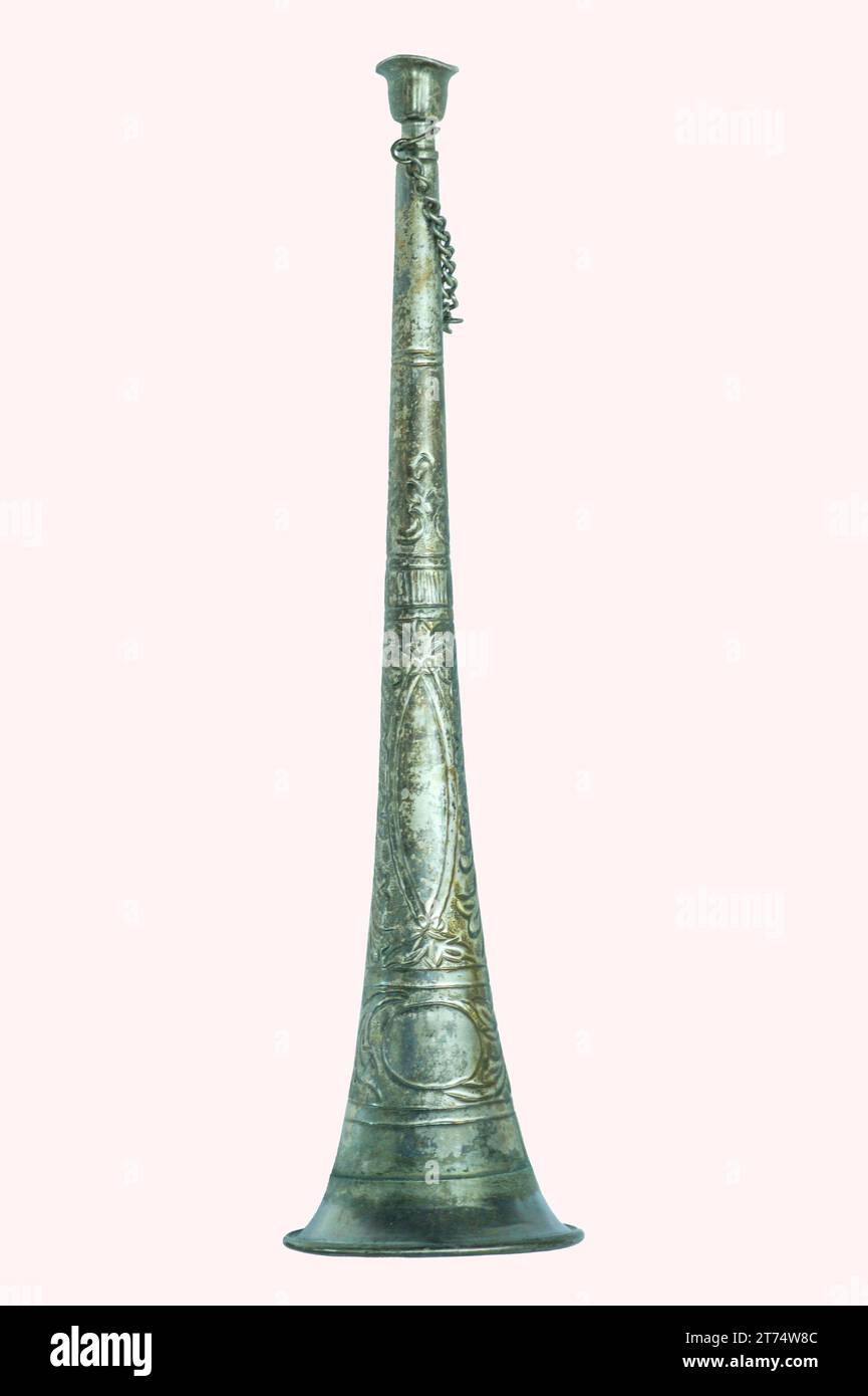 One single Trumpet duty bugle horn shows intricate stamped silver color ...