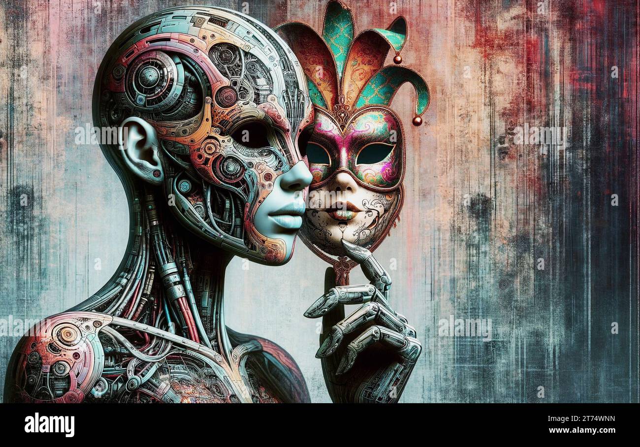 Venice masquerade of the woman robot machine contemplating its own ...