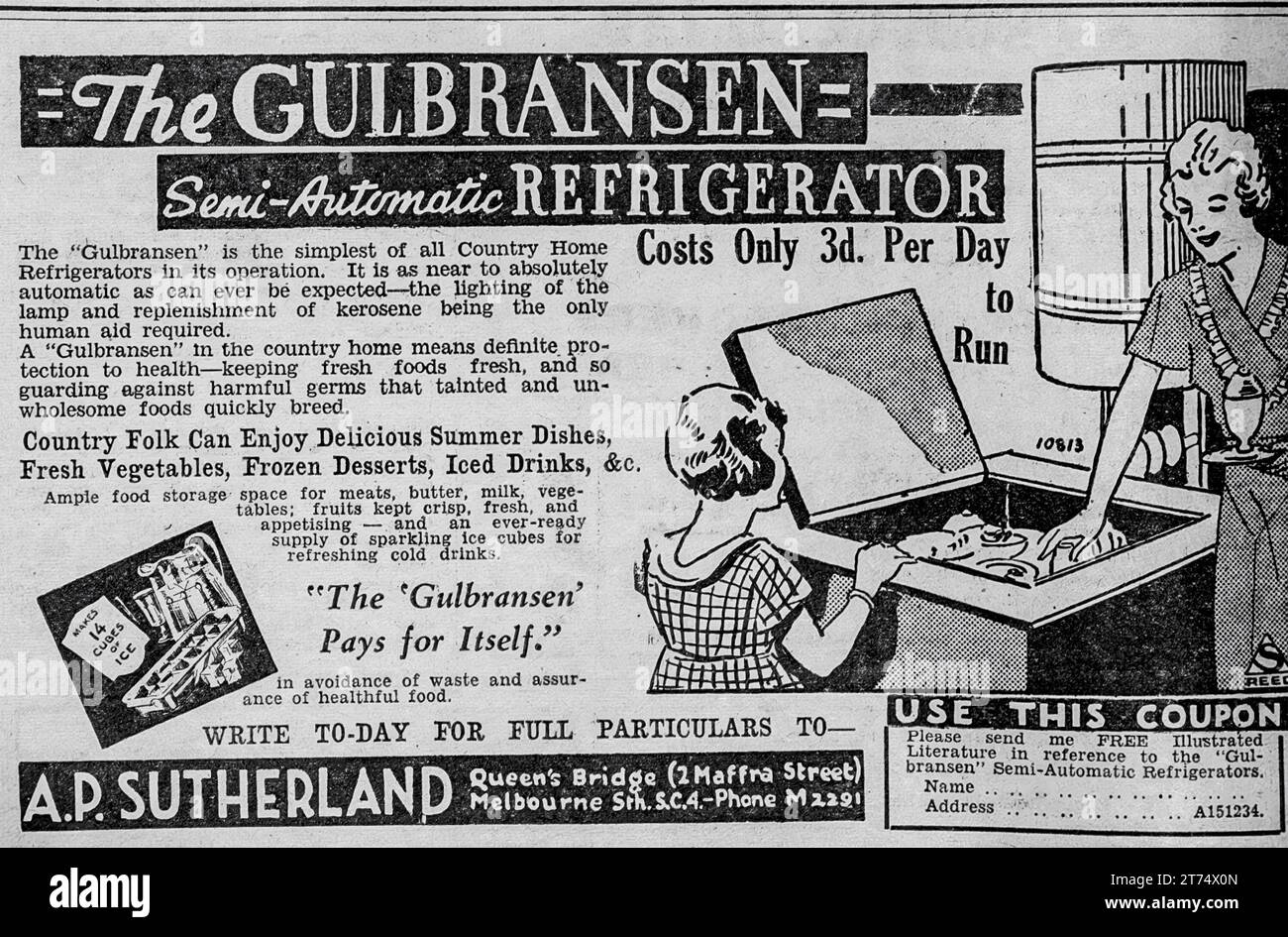 A vintage 1934 black and white Australian advertisement featuring a ...