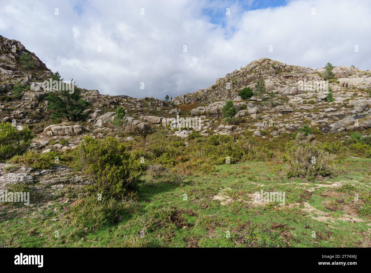 Mountain landscape of granite rocks with green vegetation, Peneda-Geres ...