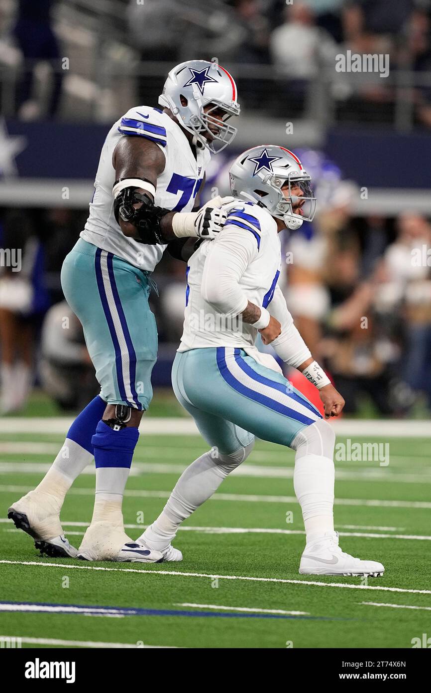 Dallas Cowboys offensive tackle Tyron Smith, left, and quarterback Dak ...
