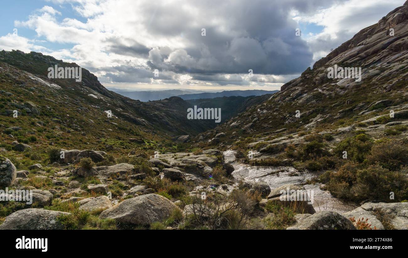 Mountain landscape of granite rocks with green vegetation, Peneda-Geres ...