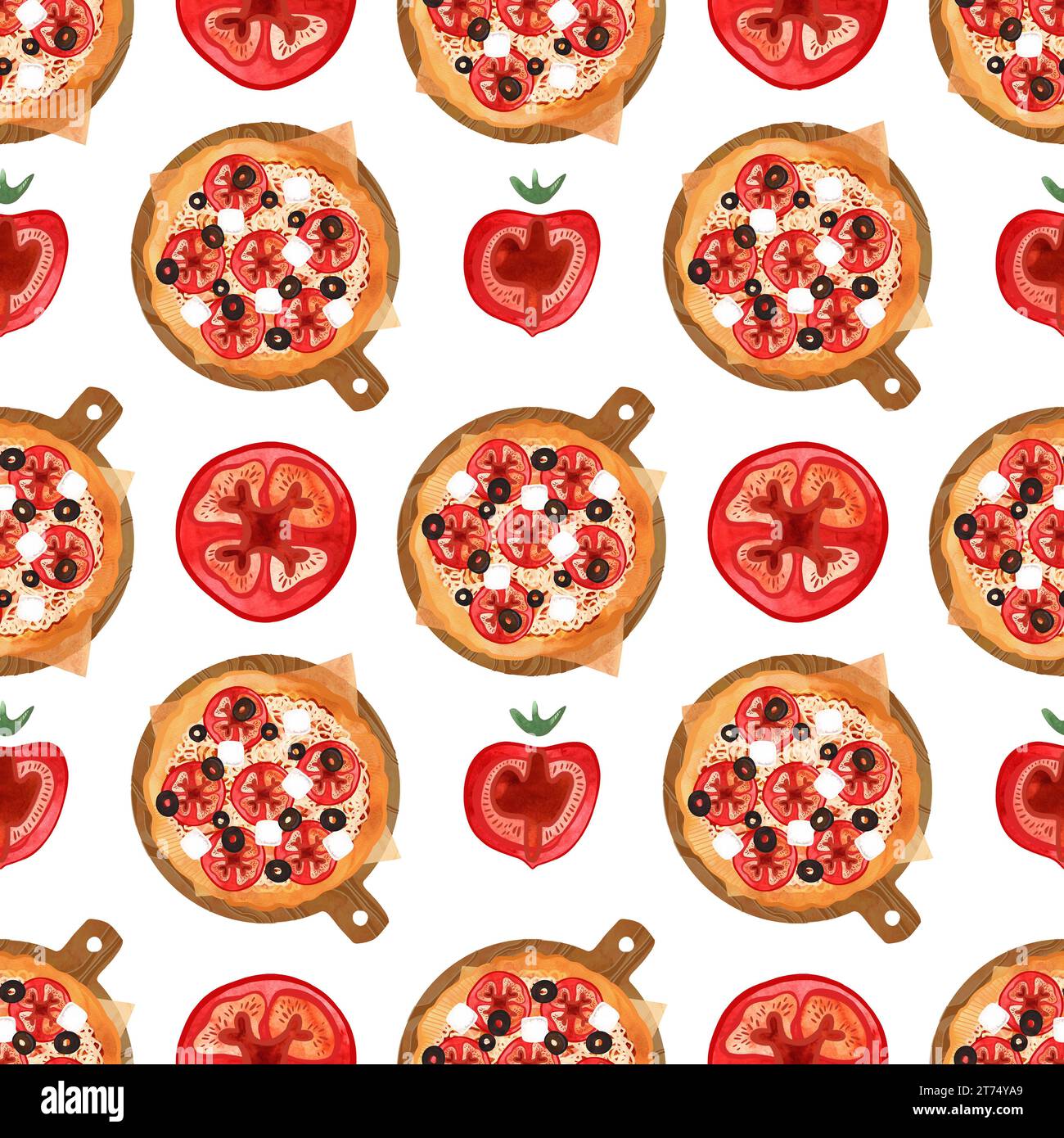 Seamless pizza pattern with tomatoes, olives and cheese. Watercolor ...