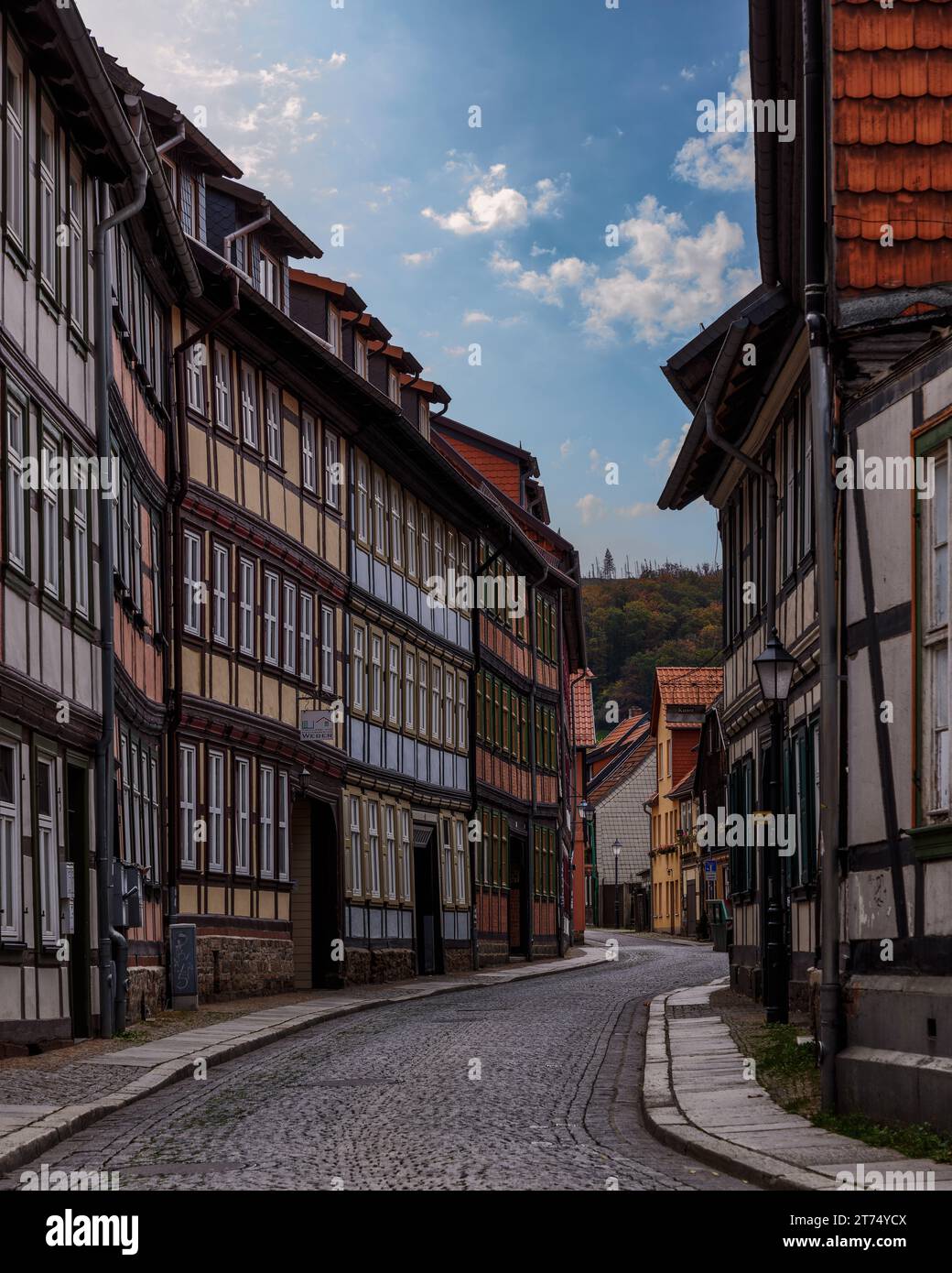 Picturesque street view with colorful medieval half-timbered houses in ...