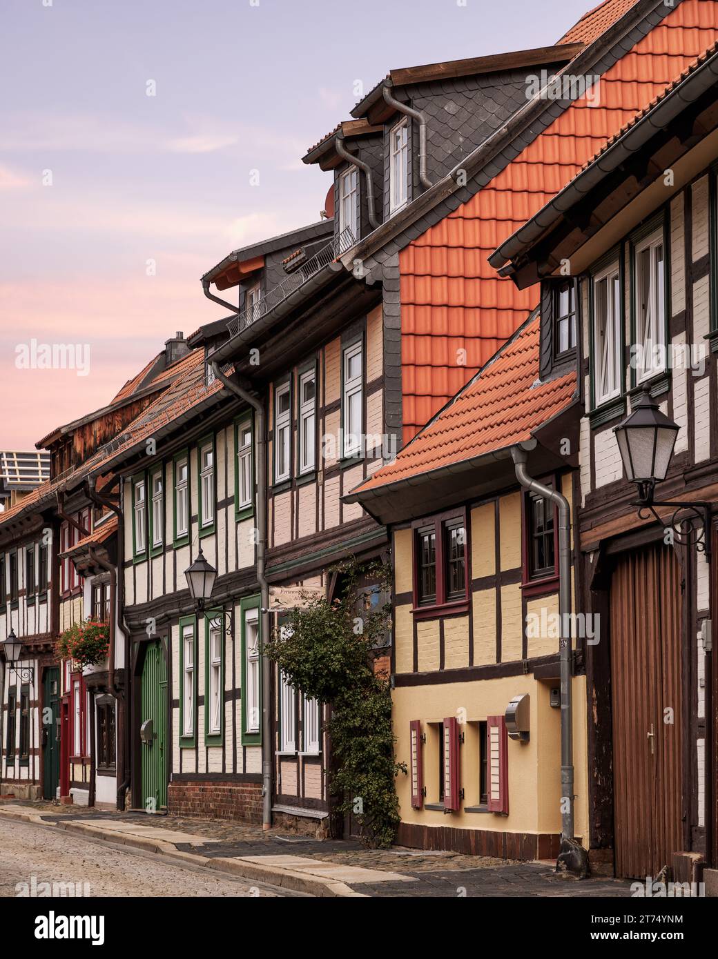 Picturesque street view with colorful medieval half-timbered houses in ...