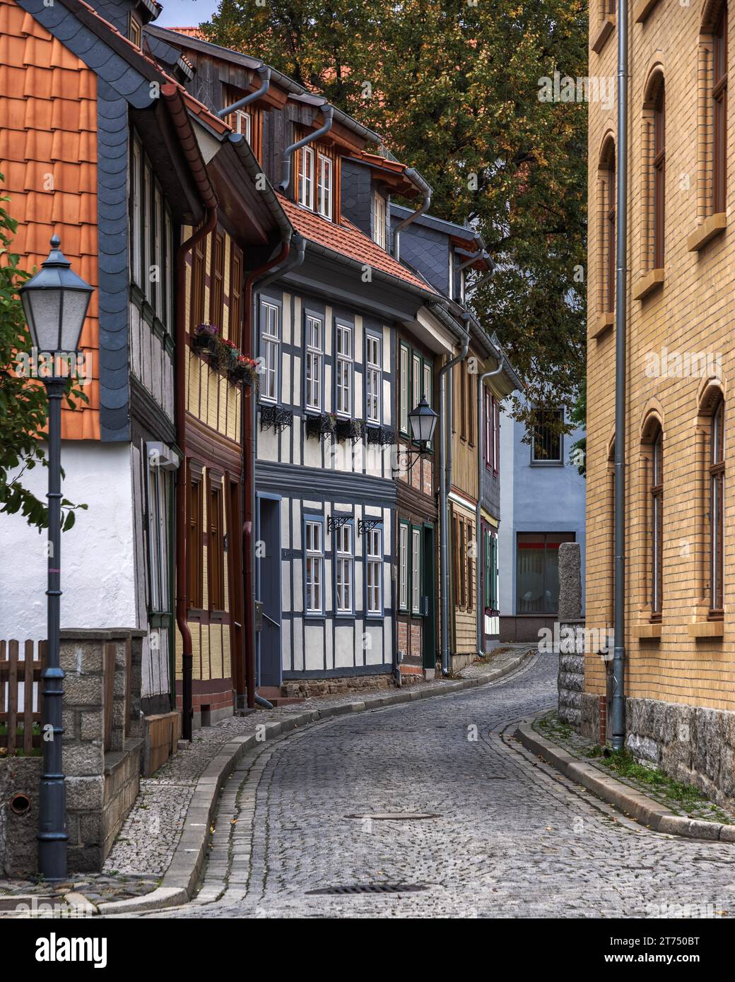 Picturesque street view with colorful medieval half-timbered houses in ...