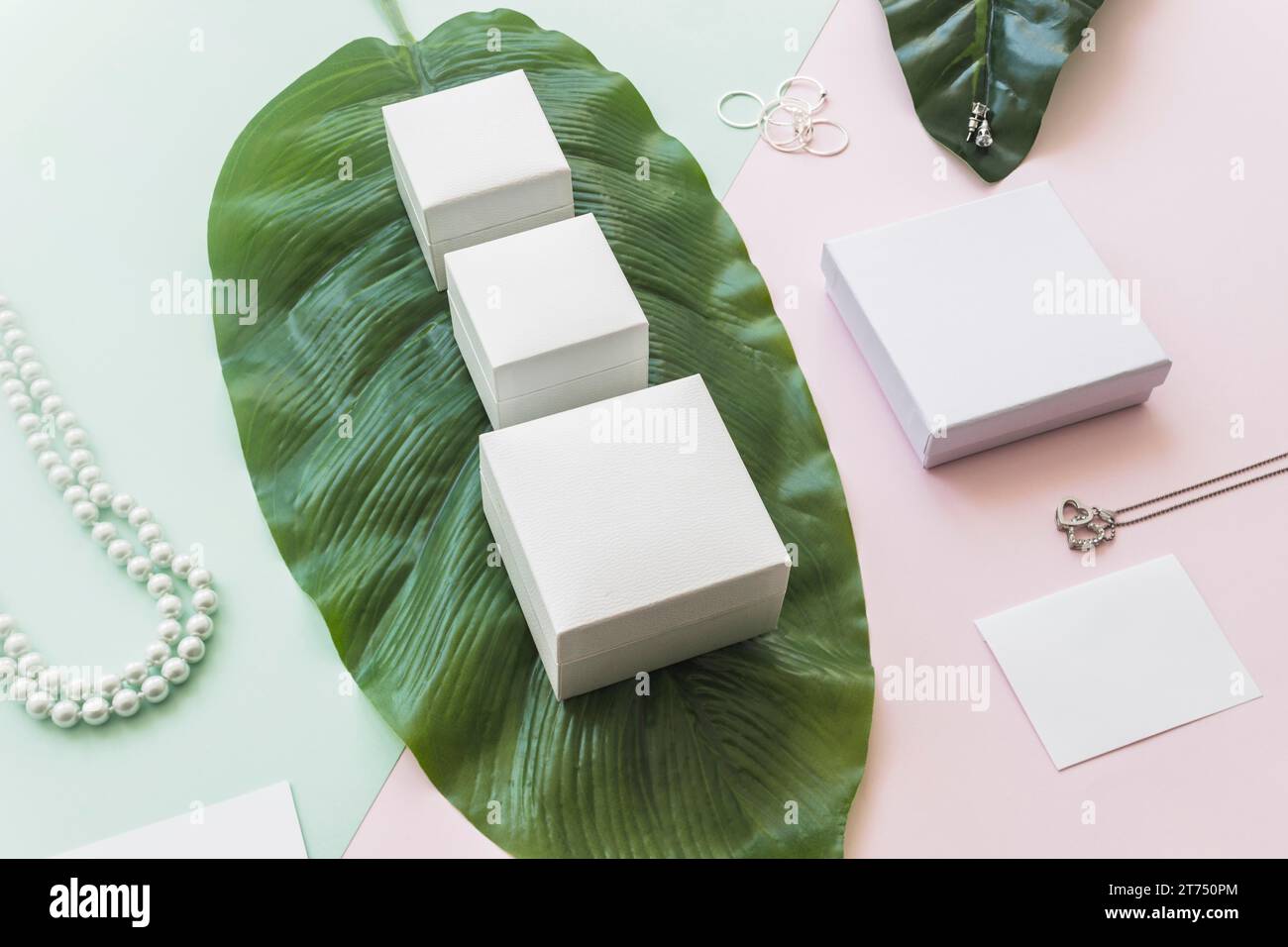 Jewelry with white boxes green leaf paper backdrop Stock Photo - Alamy