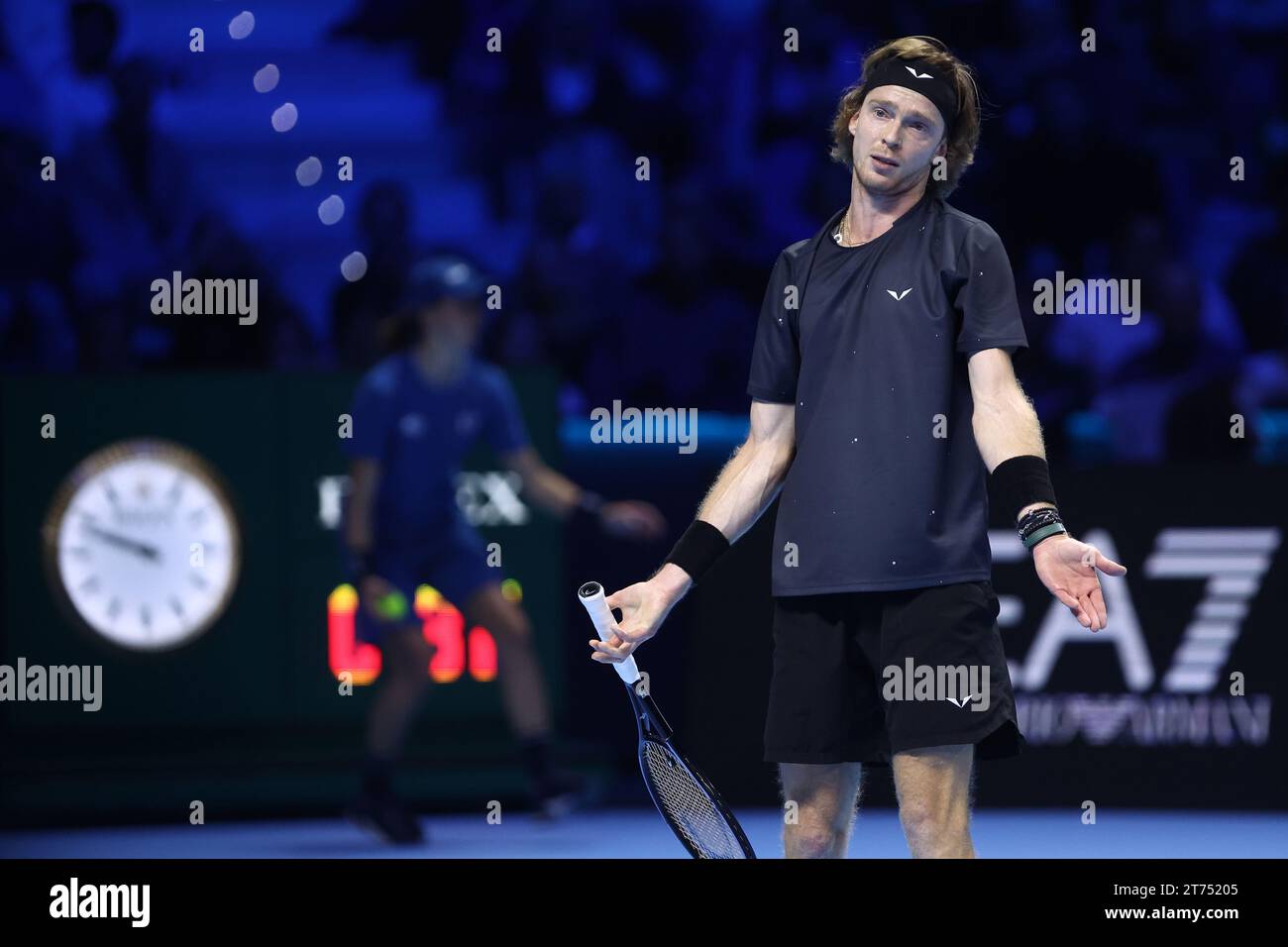 Torino, Italy. 13th Nov, 2023. Andrey Rublev of Russia looks dejected during the singles match ...