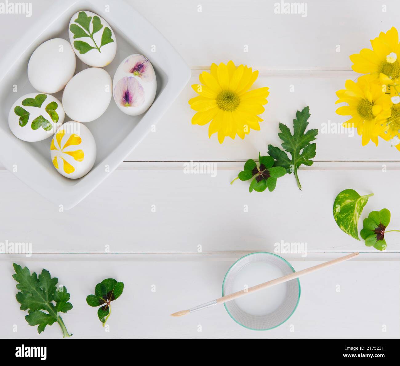 Easter eggs container near flowers leaves cup with dye liquid Stock ...