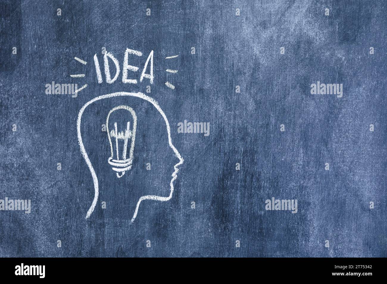 Idea text outline face drawn with light bulb chalkboard Stock Photo - Alamy
