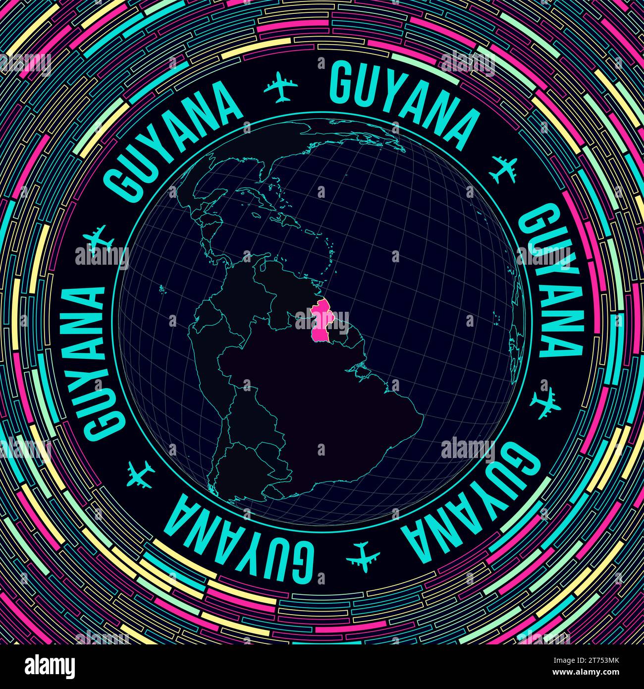 Guyana on globe. Satellite view of the world centered to Guyana. Bright ...