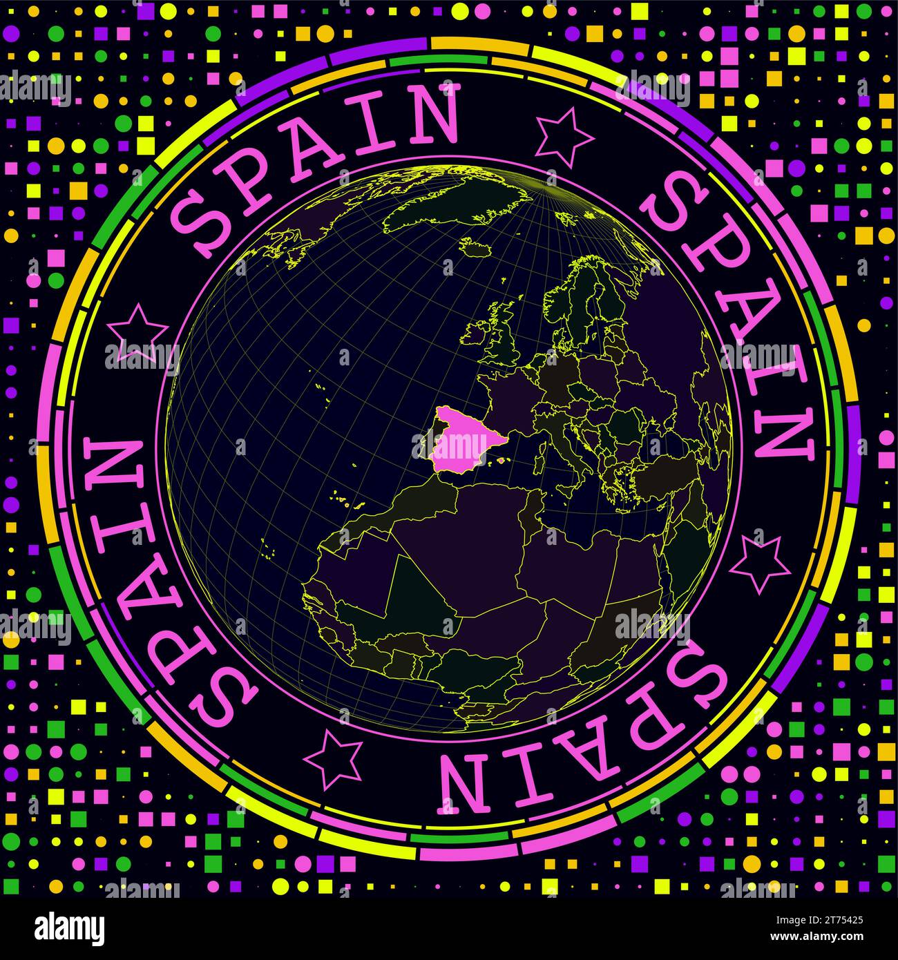 Futuristic Spain on globe. Bright neon satellite view of the world ...