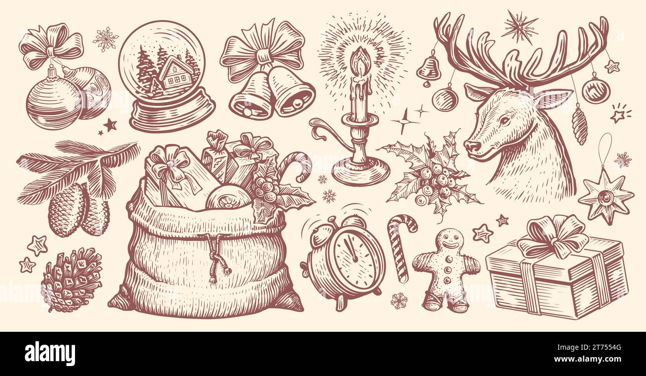 Christmas concept, sketch. Hand drawn vintage vector illustration Stock ...