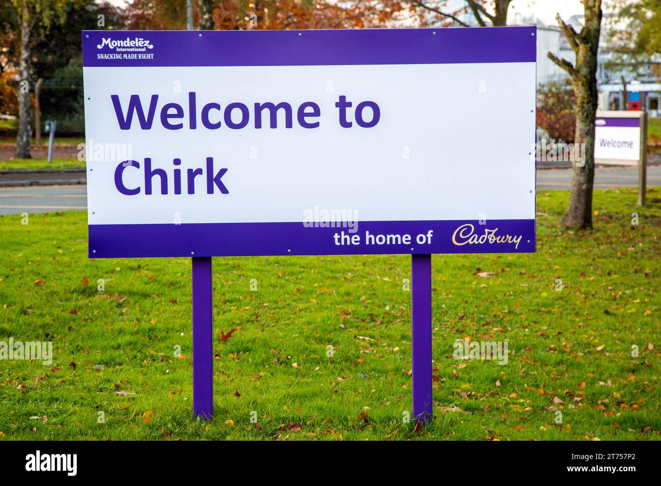 Sign post saying welcome to Chirk the home of Cadbury chocolate in the ...