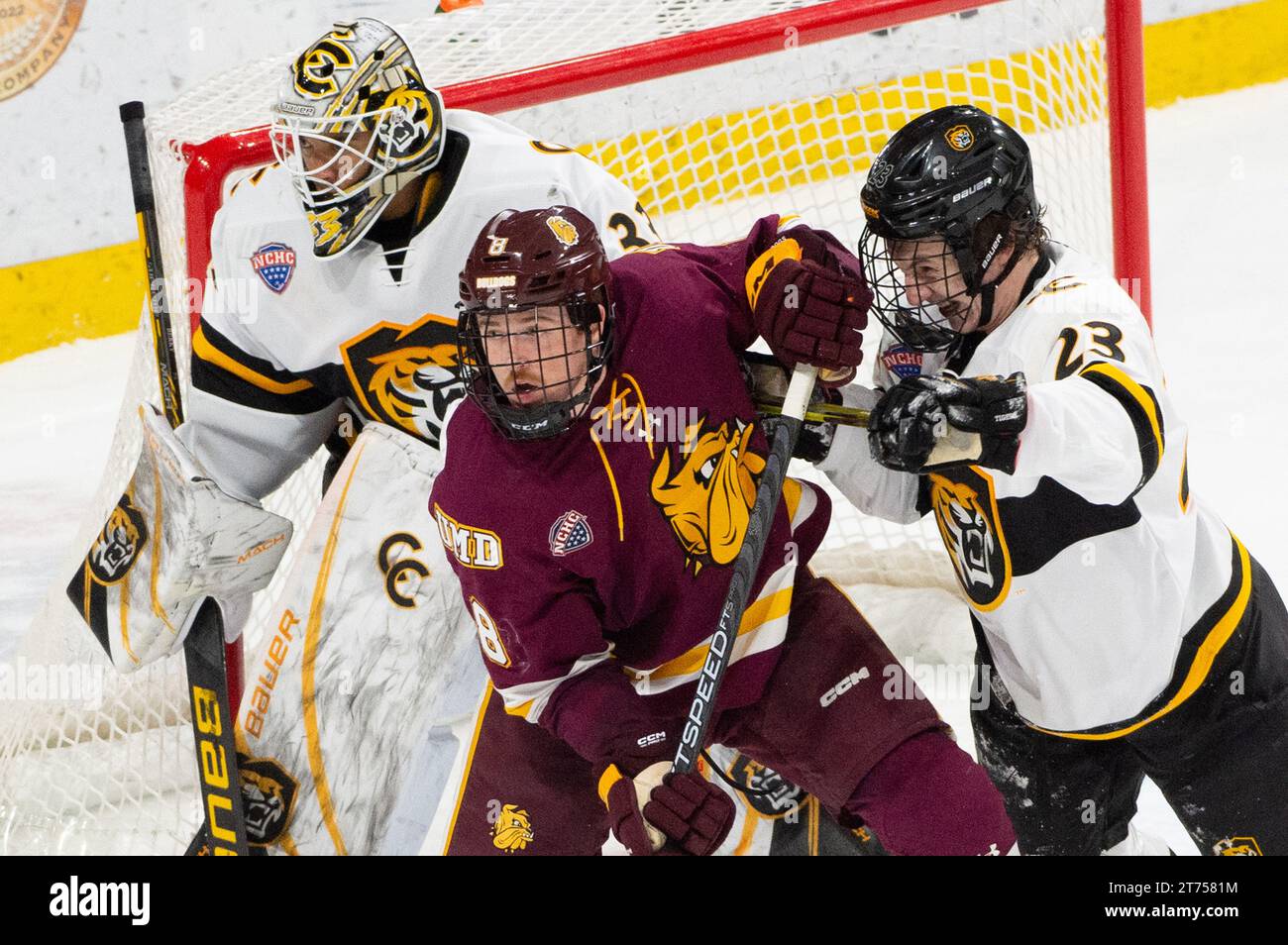 Ethan Straky of Colorado College(white #23) checks a Michigan Duluth ...