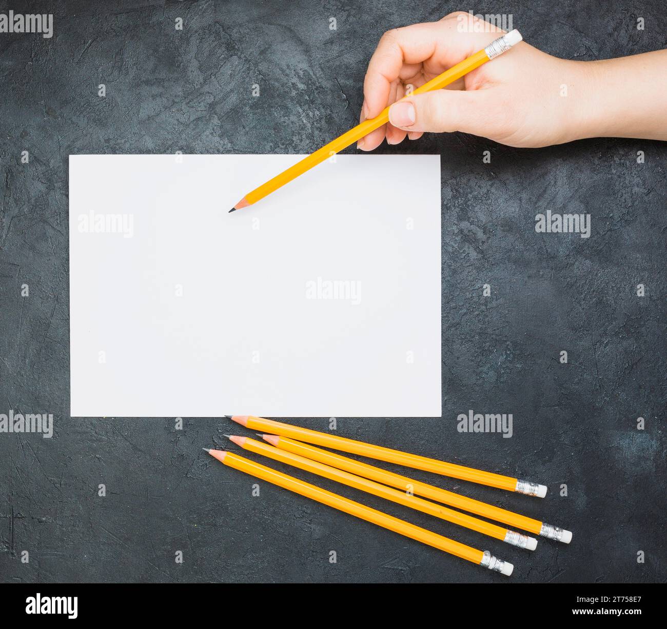 Hand sketching blank white paper with pencil black background Stock ...