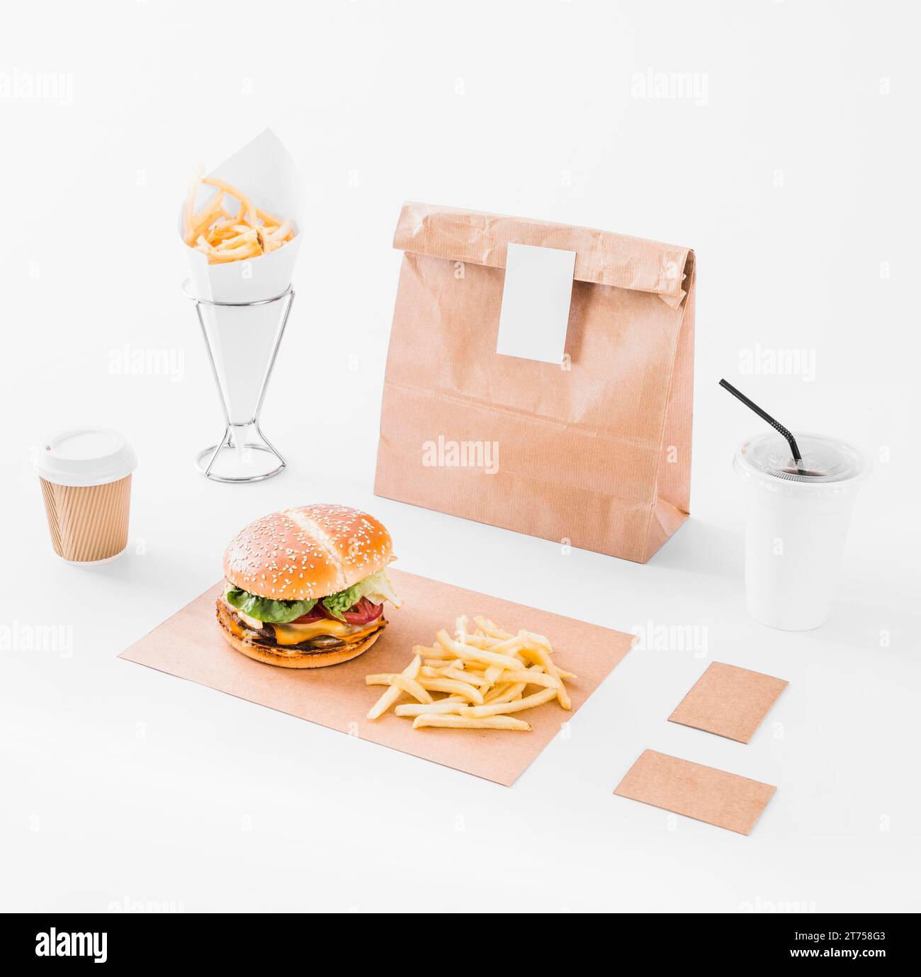 Mock up set burger french fries parcel disposal cup white surface Stock ...