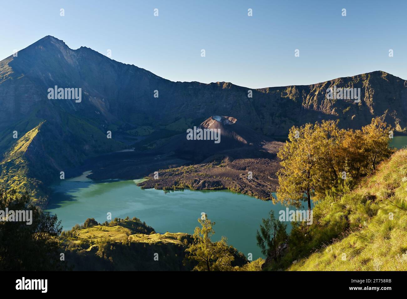 Mount Rinjani volcano and crater lake from Senaru Crater Rim at sunrise ...