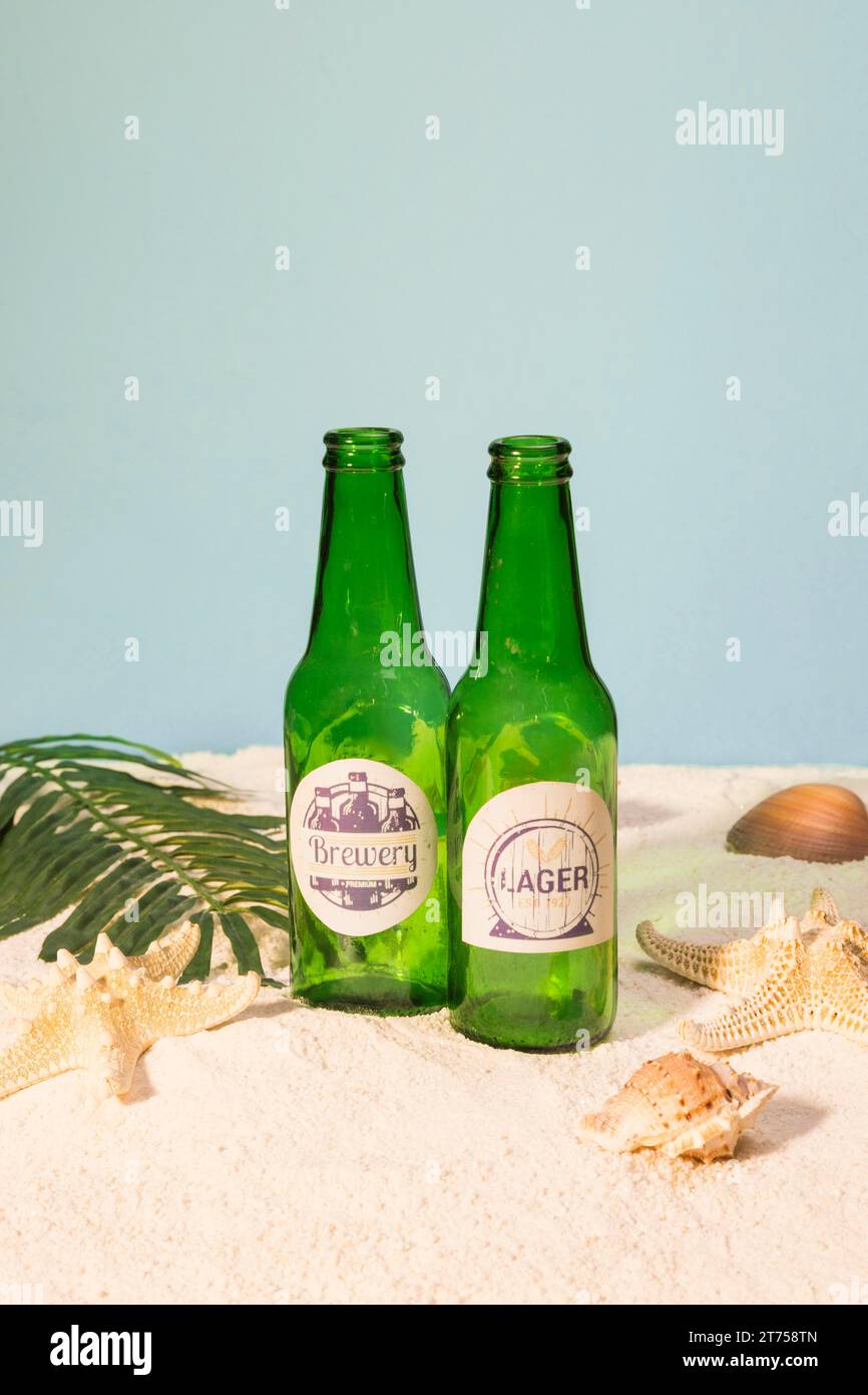 Beer bottles beach with shells Stock Photo - Alamy