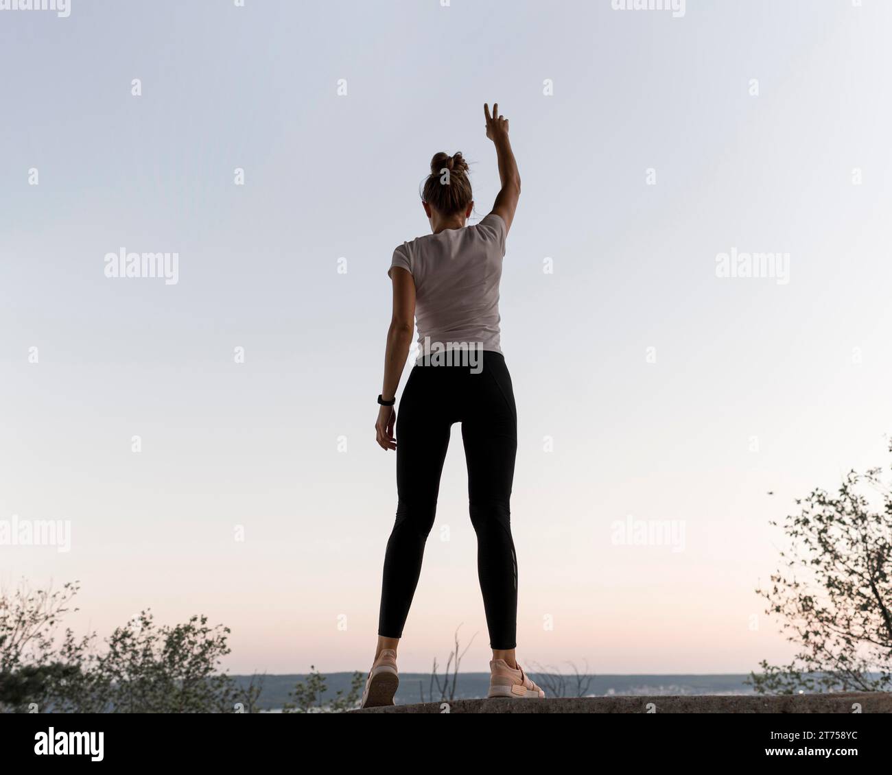Back view woman standing victorious way Stock Photo - Alamy