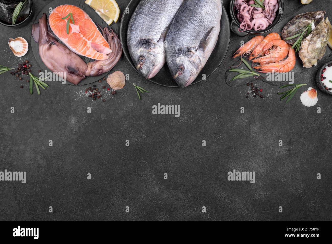 Arrangement various types fish top view Stock Photo - Alamy