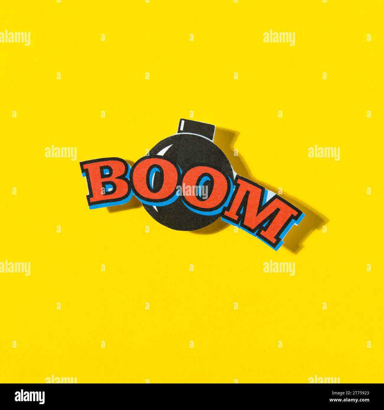 Boom comic text speech bubble with bomb yellow background Stock Photo ...