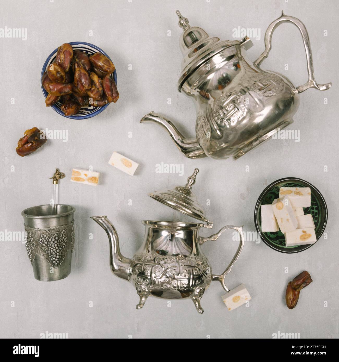 Dates fruit with turkish delight teapots Stock Photo - Alamy