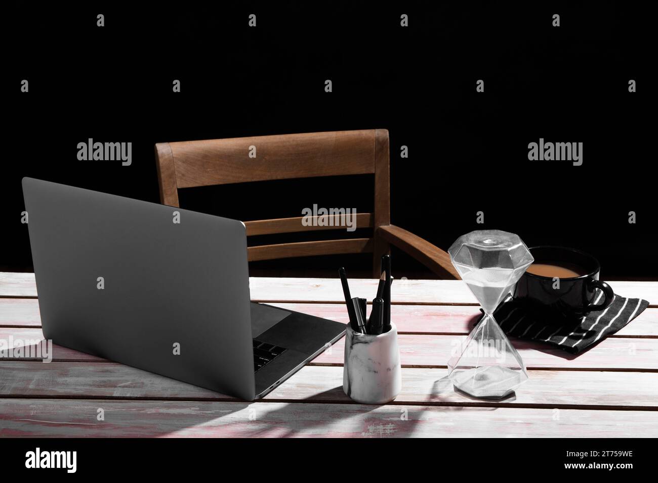 Front view desk concept wooden table Stock Photo - Alamy
