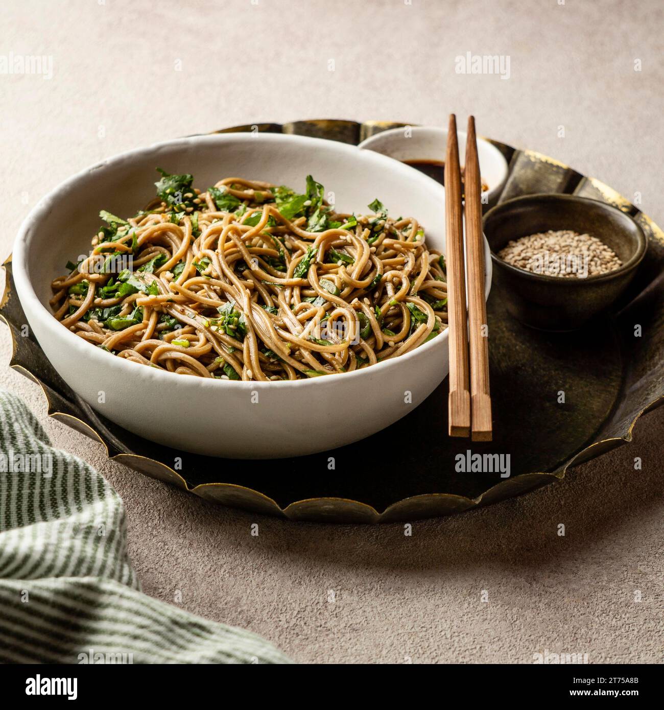 High angle noodles bowl assortment Stock Photo - Alamy