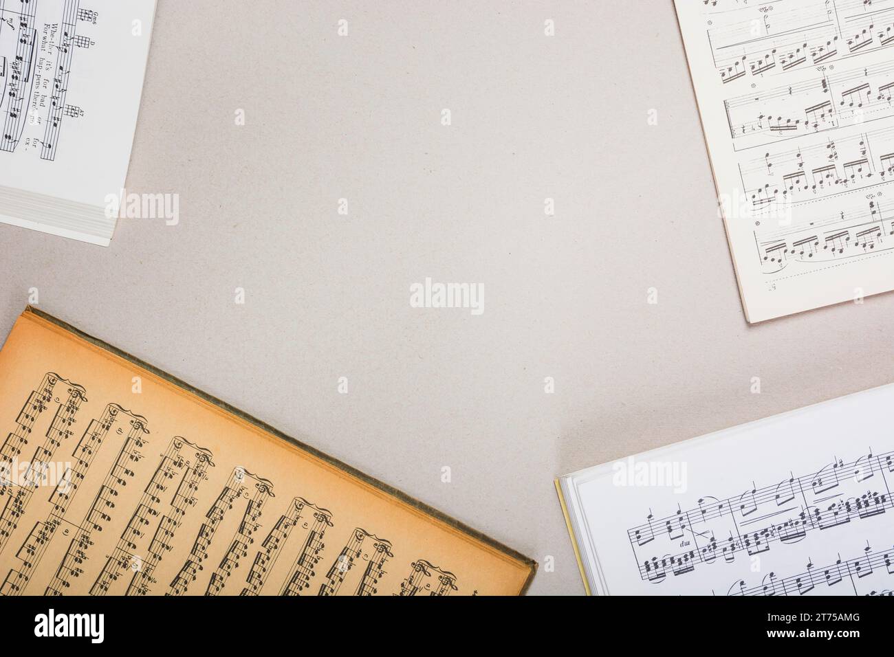 Overhead view musical note books white background with space text Stock ...