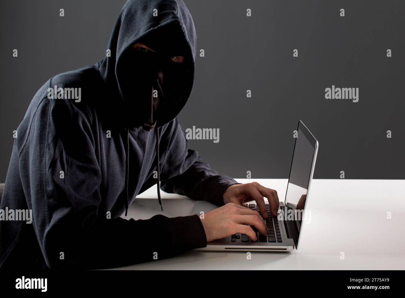 Side view male hacker with laptop Stock Photo - Alamy