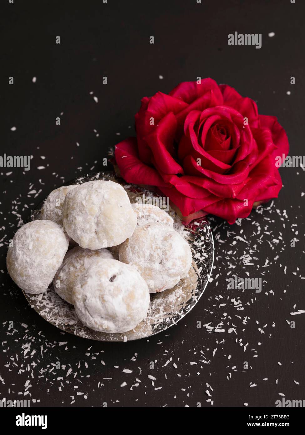 Top view islamic pastries with red rose Stock Photo - Alamy