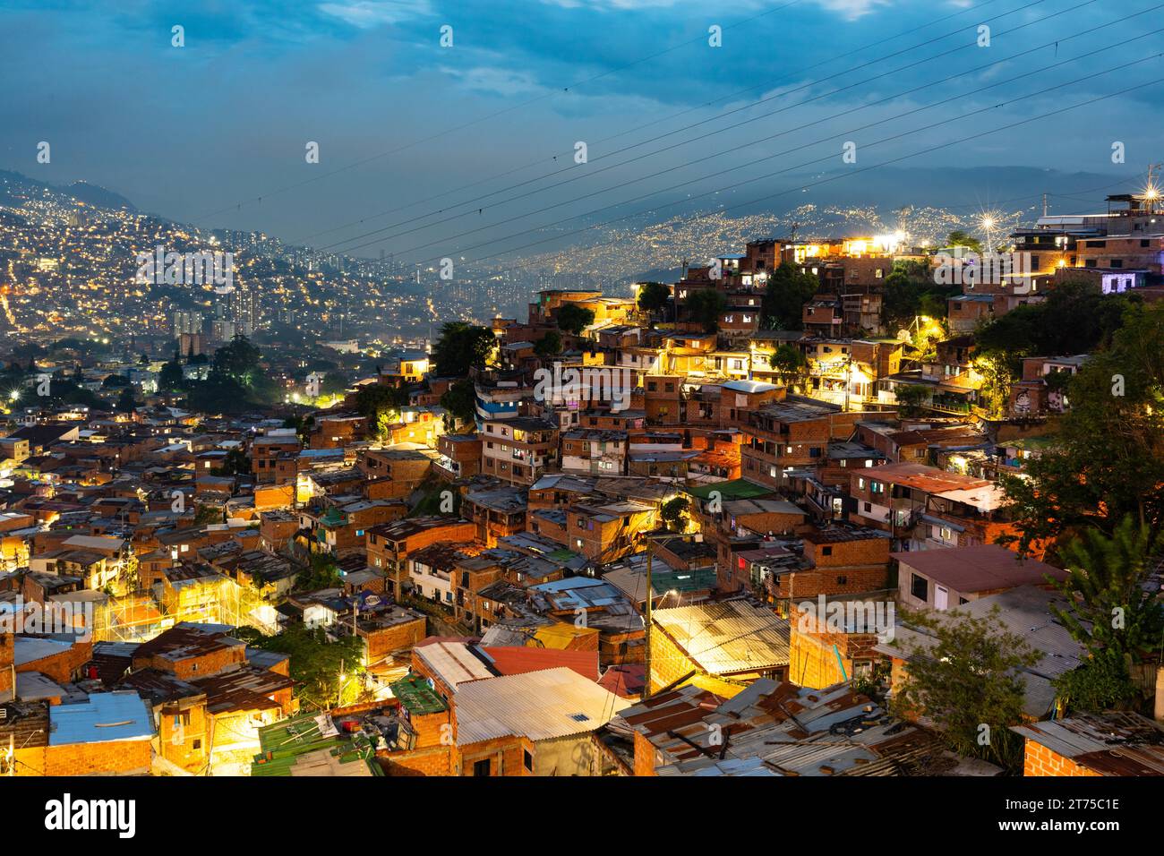 Simple houses, blue hour, evening, favela, Comuna 13, Medellin ...